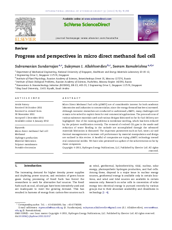 (PDF) Progress and perspectives in micro direct methanol fuel cell