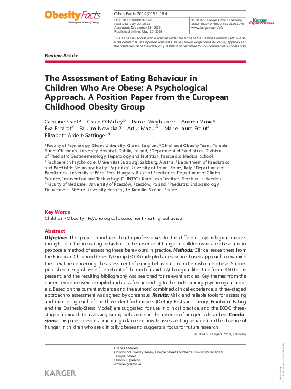 (PDF) The assessment of eating behaviour in the absence of hunger in children who are obese: a ...