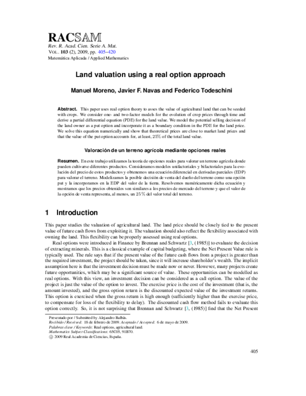 (PDF) Land valuation using a real option approach | javier navas ...