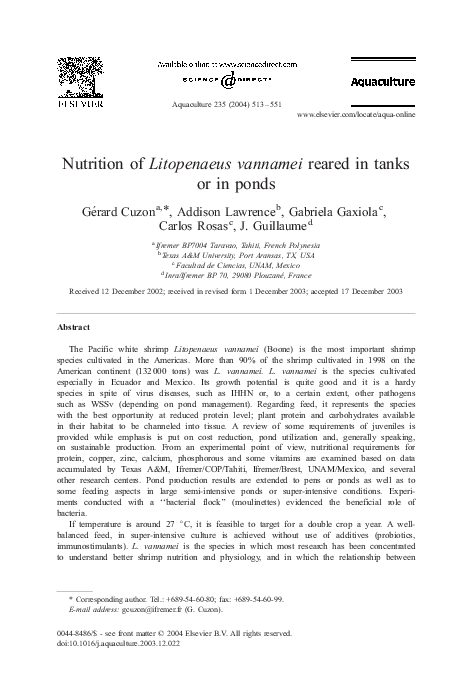 (PDF) Nutrition of Litopenaeus vannamei reared in tanks or in ponds