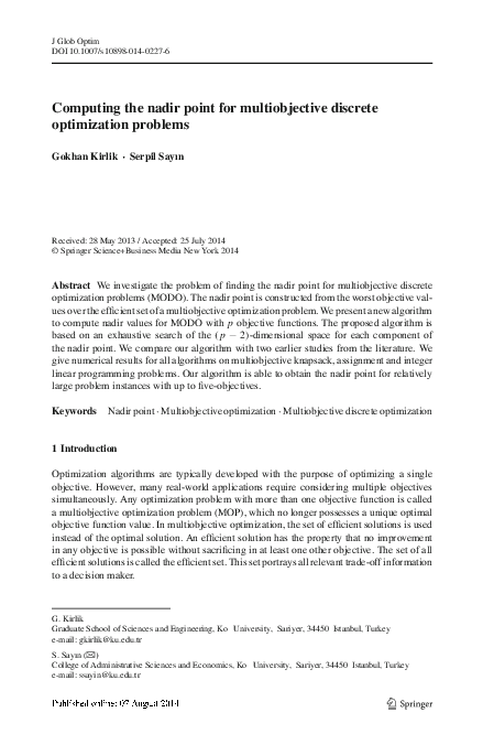 Pdf Computing The Nadir Point For Multiobjective Discrete Optimization Problems