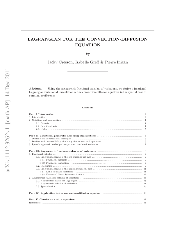 (PDF) Lagrangian for the convection-diffusion equation