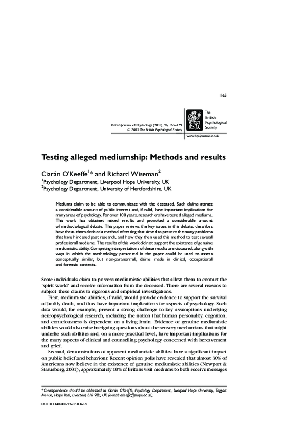 (PDF) Testing alleged mediumship: methods and results