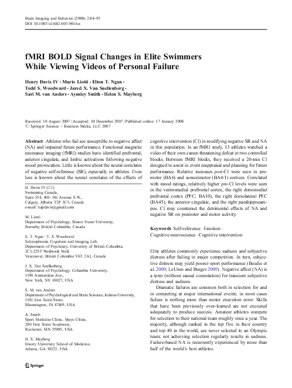 (PDF) fMRI BOLD Signal Changes in Elite Swimmers While Viewing Videos of Personal Failure
