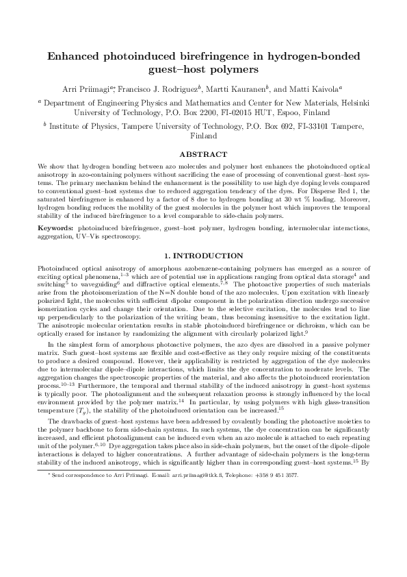 (PDF) Enhanced photoinduced birefringence in hydrogen-bonded guest-host ...