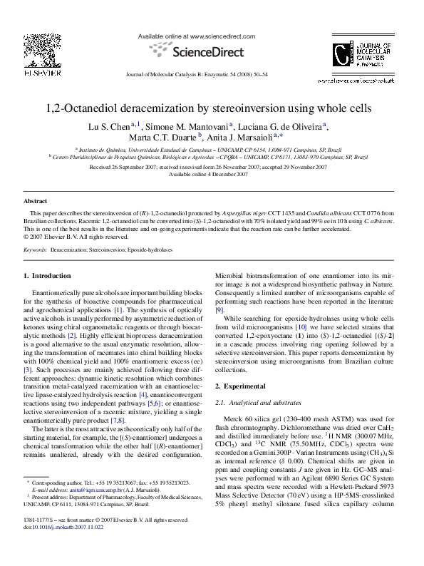(PDF) 1,2-Octanediol deracemization by stereoinversion using whole cells