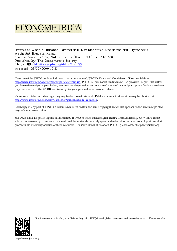 Pdf Inference When A Nuisance Parameter Is Not Identified Under The