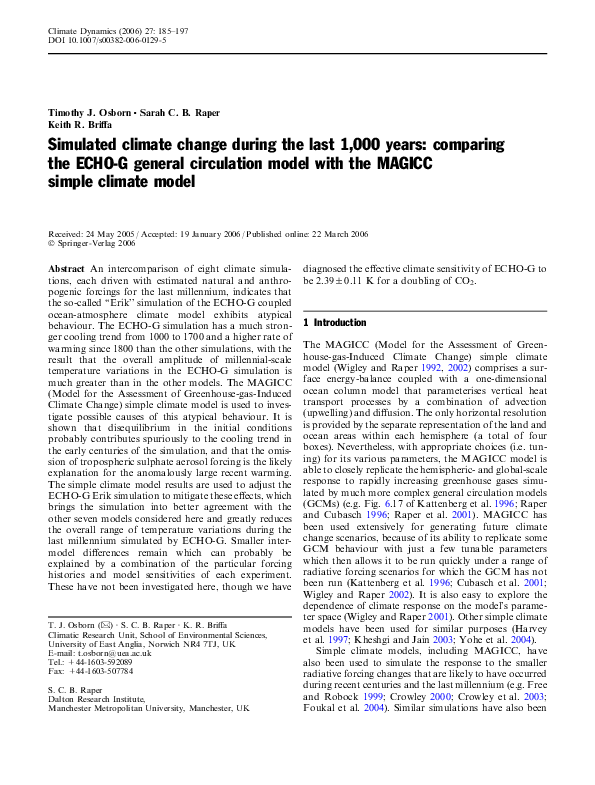 (PDF) Simulated climate change during the last 1,000 years: comparing the ECHO-G general ...