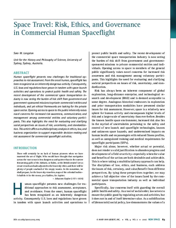 (PDF) Space Travel: Risk, Ethics and Governance in Commercial Spaceflight