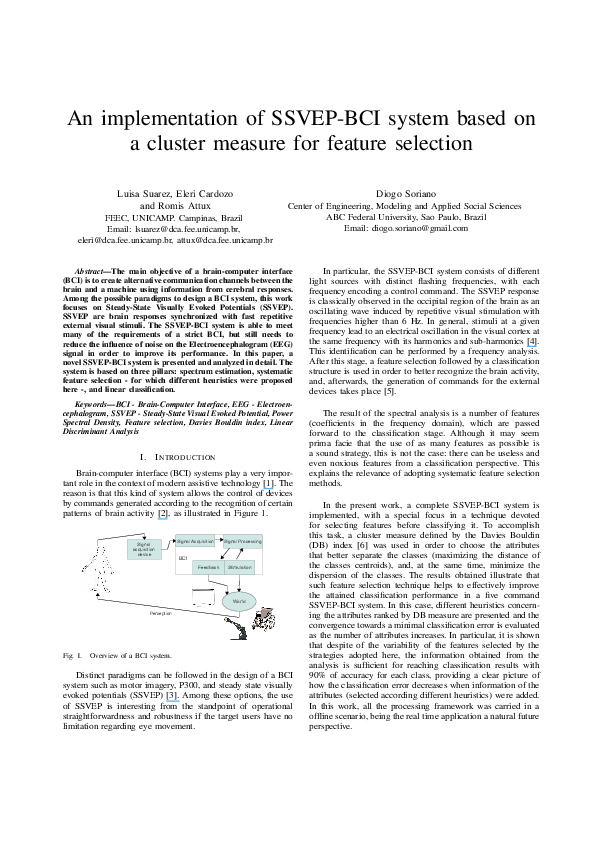 Pdf An Implementation Of Ssvep Bci System Based On A Cluster Measure For Feature Selection