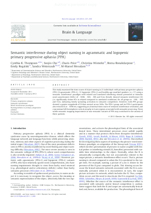 (PDF) Semantic interference during object naming in agrammatic and logopenic primary progressive ...