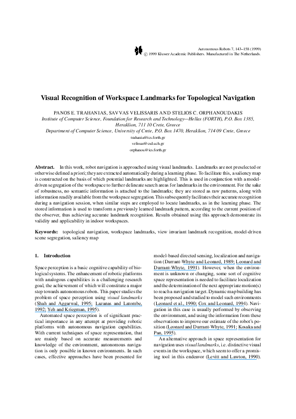 (PDF) Visual Recognition of Workspace Landmarks for Topological Navigation