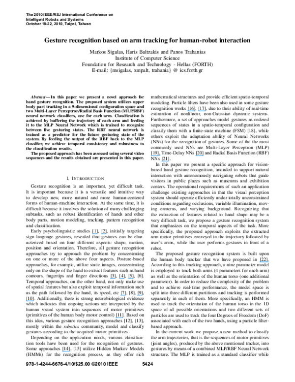 (PDF) Gesture recognition based on arm tracking for human-robot interaction
