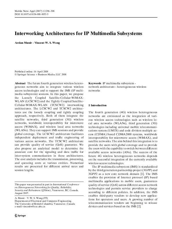 (PDF) Interworking Architectures for IP Multimedia Subsystems