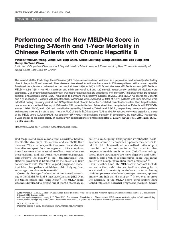 (PDF) Performance of the new MELD-Na score in predicting 3-month and 1 ...