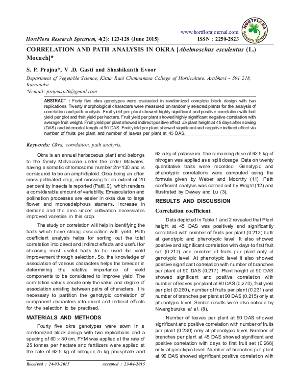 (PDF) CORRELATION AND PATH ANALYSIS IN OKRA [Abelmoschus esculentus (L.) Moench