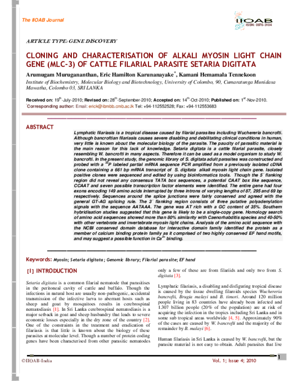 (PDF) CLONING AND CHARACTERISATION OF ALKALI MYOSIN LIGHT CHAIN GENE ...