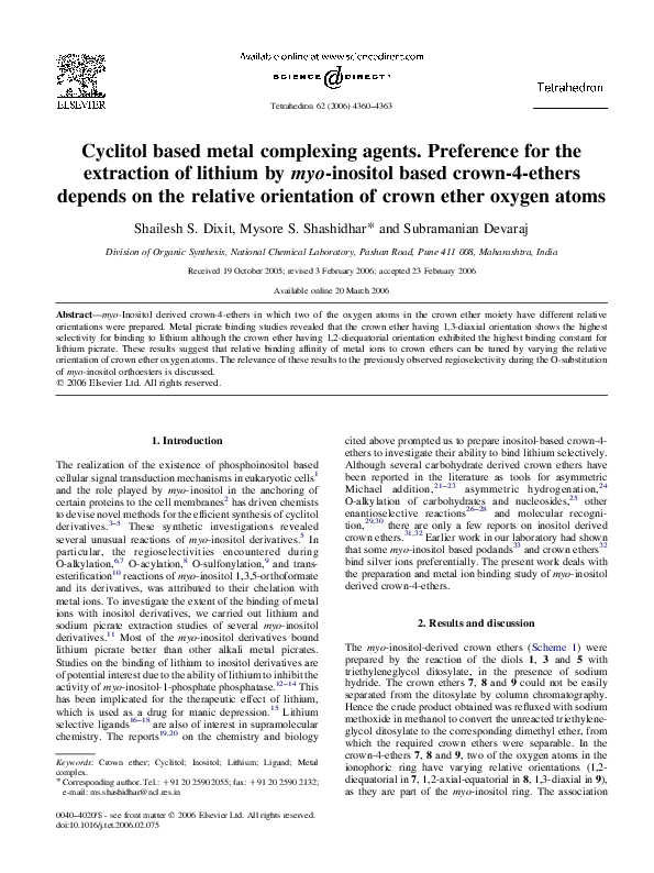 (PDF) Cyclitol based metal complexing agents. Preference for the ...