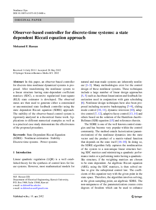 (PDF) Observer-based controller for discrete-time systems: a state dependent Riccati equation ...