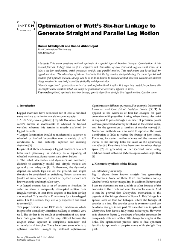 (PDF) Optimization of Watt’s Six-bar Linkage to Generate Straight and ...