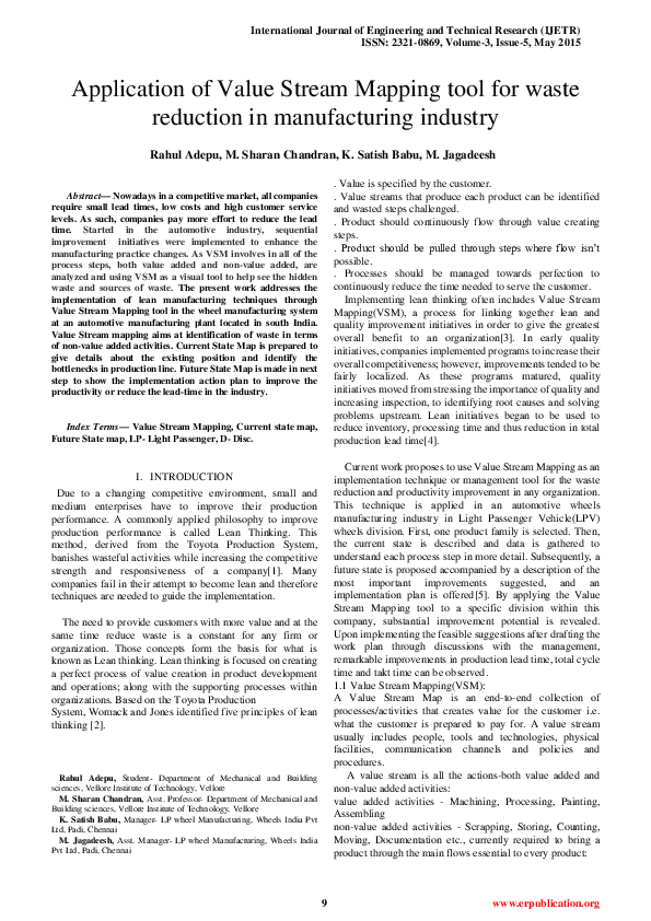 (PDF) Application of Value Stream Mapping tool for waste reduction in ...