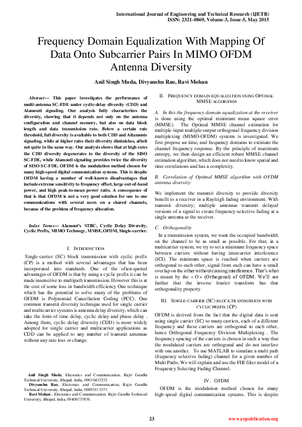 Pdf Frequency Domain Equalization With Mapping Of Data Onto Subcarrier Pairs In Mimo Ofdm