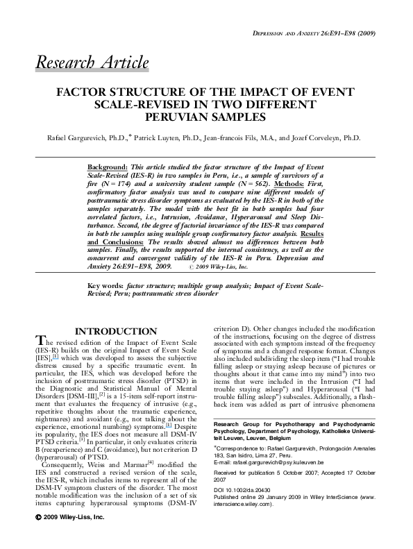 (PDF) Factor structure of the Impact of Event Scale-Revised in two ...