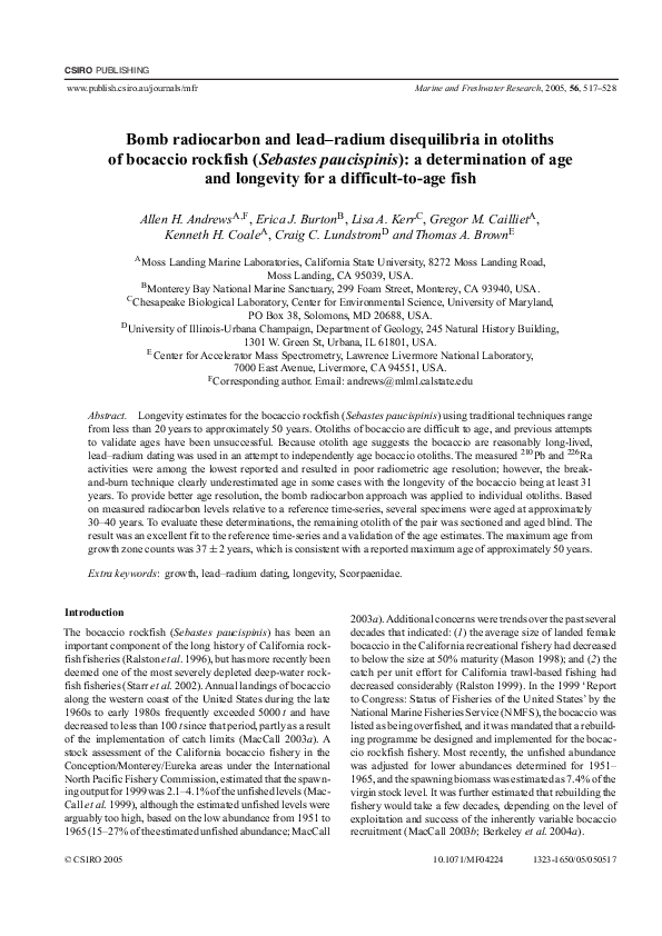 (PDF) Bomb radiocarbon and lead–radium disequilibria in otoliths of ...