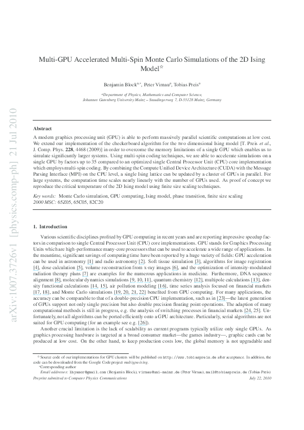 Pdf Multi Gpu Accelerated Multi Spin Monte Carlo Simulations Of The