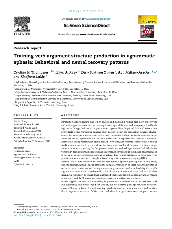 (PDF) Training verb argument structure production in agrammatic aphasia ...