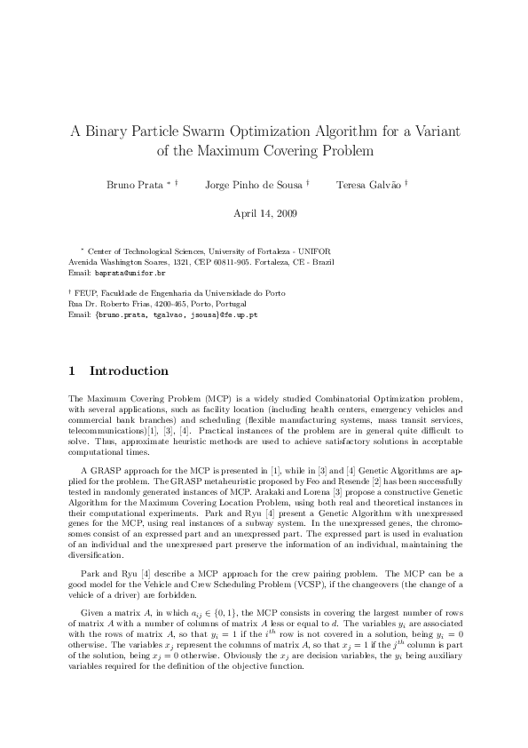 Pdf A Binary Particle Swarm Optimization Algorithm Inspired By Multi