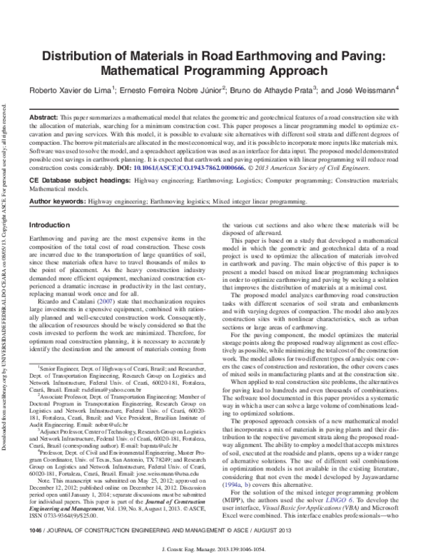 (PDF) Distribution of Materials in Road Earthmoving and Paving: Mathematical Programming ...