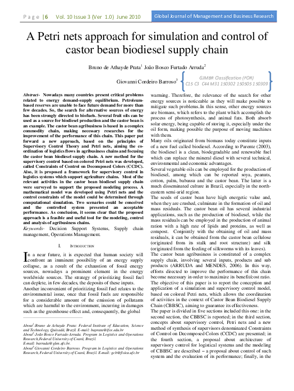 (PDF) A Petri nets approach for simulation and control of castor bean biodiesel supply chain