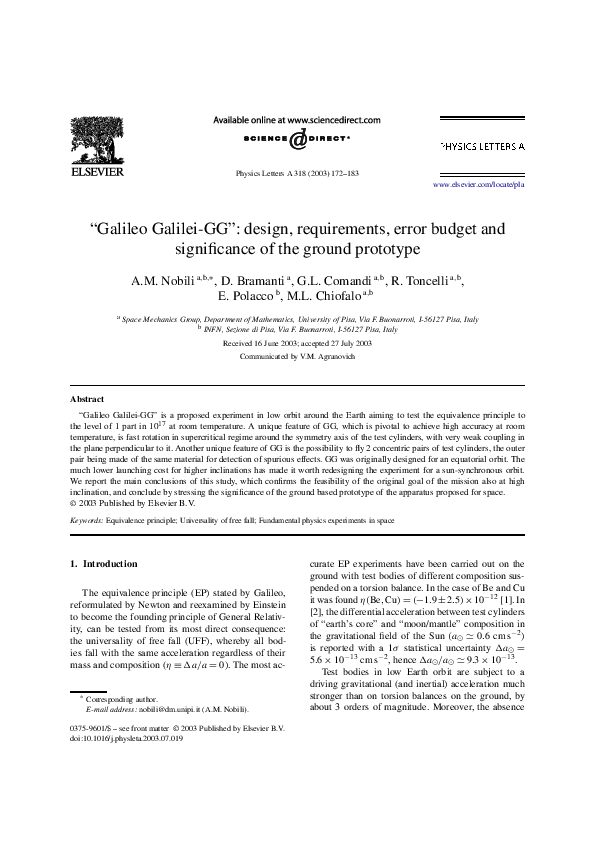 (PDF) “Galileo Galilei-GG”: design, requirements, error budget and ...