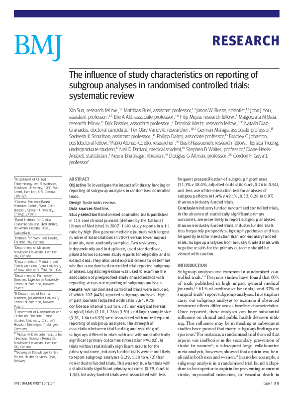 (PDF) The influence of study characteristics on reporting of subgroup analyses in randomised ...