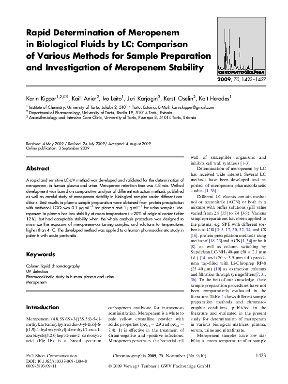 Pdf Rapid Determination Of Meropenem In Biological Fluids By Lc Comparison Of Various Methods