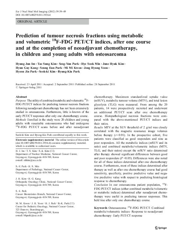 (PDF) Prediction of tumour necrosis fractions using metabolic and volumetric 18F-FDG PET/CT ...