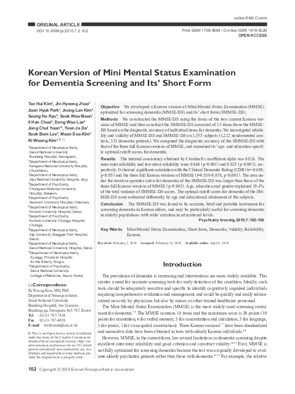 (PDF) Korean Version of Mini Mental Status Examination for Dementia ...