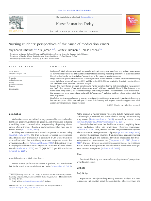(PDF) Nursing students' perspectives of the cause of medication errors