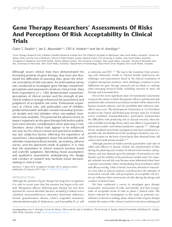 (PDF) Gene Therapy Researchers' Assessments Of Risks And Perceptions Of ...