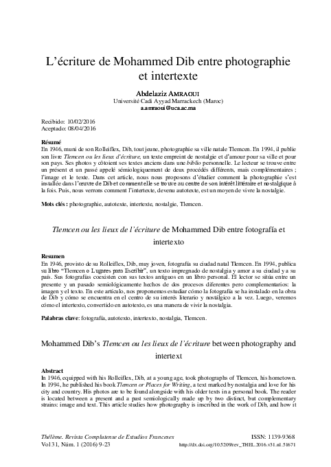 (PDF) L'écriture de Mohammed Dib entre photographie et intertexte