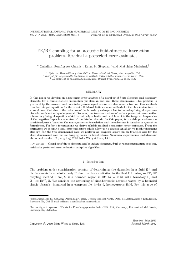 (PDF) FE/BE coupling for an acoustic fluid–structure interaction problem. Residual a posteriori ...