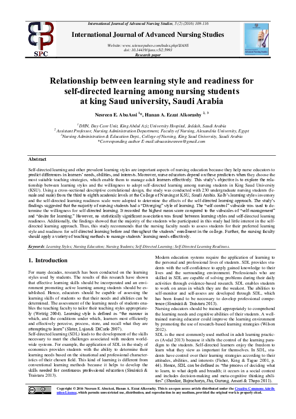 (PDF) Relationship between learning style and readiness for self-directed learning among nursing ...