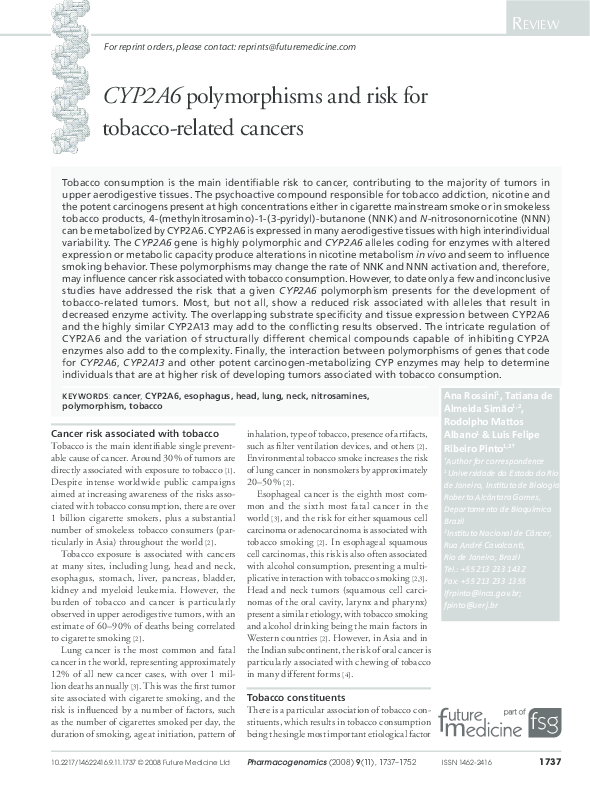 (PDF) CYP2A6 polymorphisms and risk for tobacco-related cancers