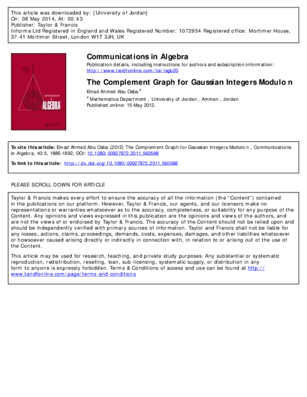 Pdf The Complement Graph For Gaussian Integers Modulo N