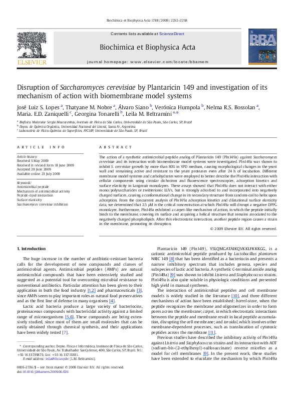 (PDF) Plantaricin 149 Disrupts Saccharomyces cerevisiae via Membrane Interaction