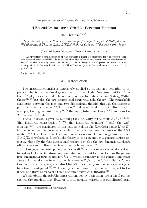 (PDF) beta-Ensembles for Toric Orbifold Partition Function