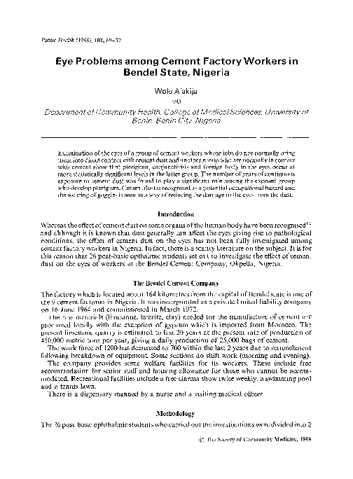 (PDF) Eye problems among cement factory workers in Bendel state, Nigeria