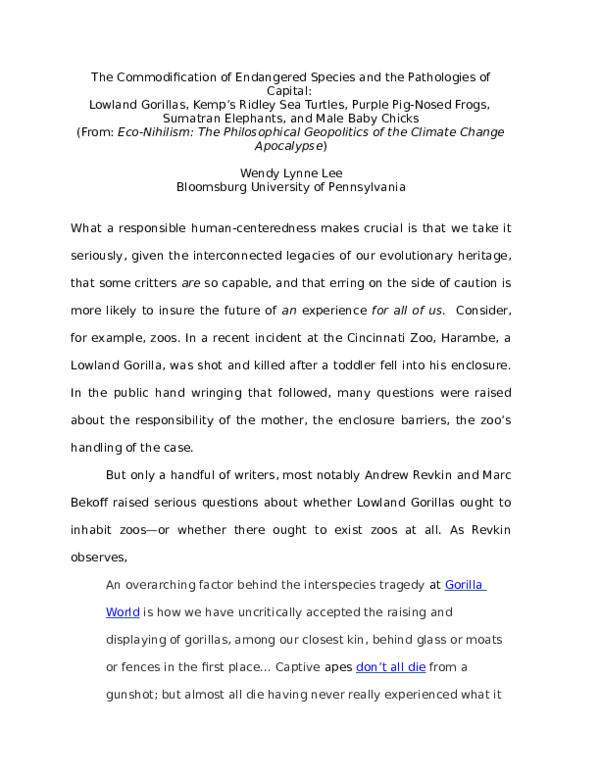 (DOC) The Commodification of Endangered Species and the Pathologies of ...