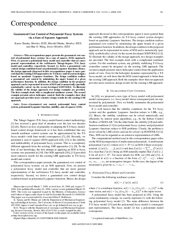 Pdf Guaranteed Cost Control Of Polynomial Fuzzy Systems Via A Sum Of Squares Approach